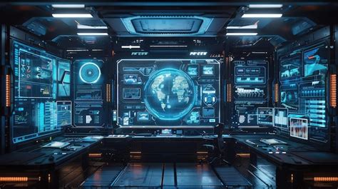 Empty Workspace With Multiple Digital Screens And Virtual Interfaces