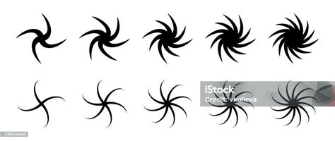 다양한 소용돌이 요소 세트 검은색 회전 및 회전 효과 컬렉션 원형 방사형 회전 회오리바람 기호는 그래픽 디자인을 위한 번들입니다 트위스트 자이어 또는 월풀 회전 팩 벡터