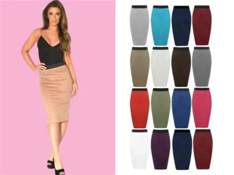 Ladies Plain Office Stretch Bodycon Midi Pencil Skirt Plus Size Uk 8 26