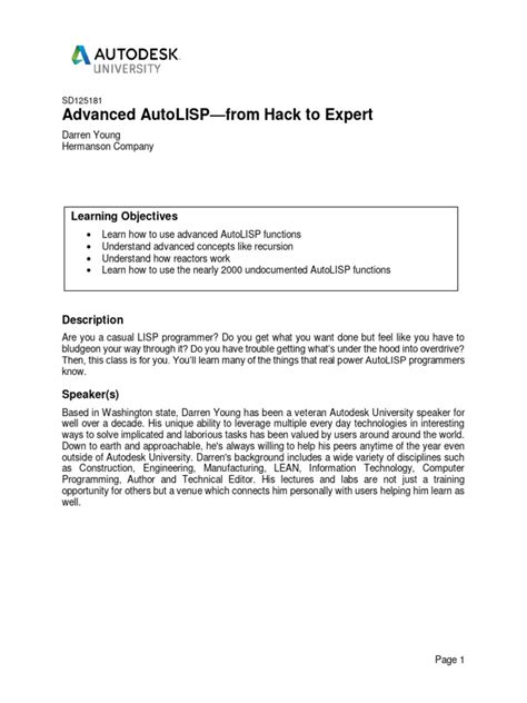Class Handout Sd125181 Advanced Autolispfrom Hack To Expert Darren