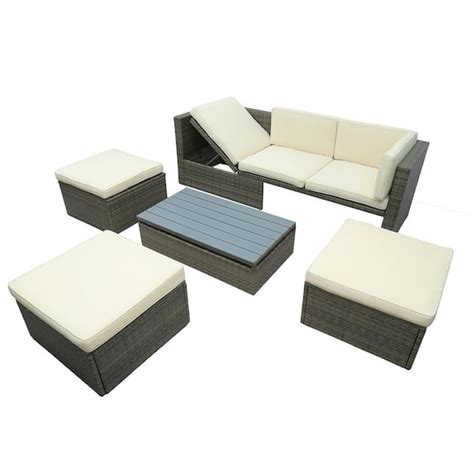 Zeus Ruta Piece Brown Wicker PE Rattan Adjustable Outdoor Sectional Sofa Set With Gray