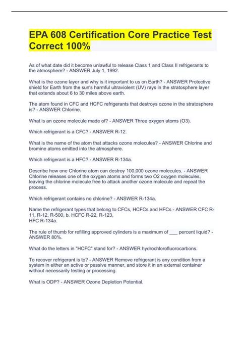 Epa 608 Certification Core Practice Test Correct 100 Epa 608 Core