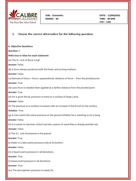 8 Icse Phy Solution Pdf Pressure Force