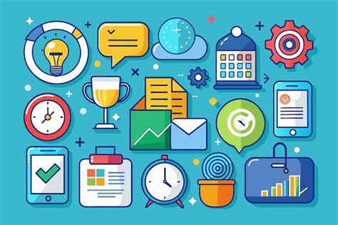 Premium Vector A Blue Background With Icons And A Clock Seticons For