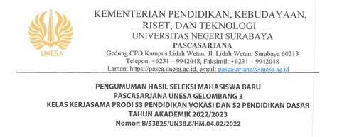 Pengumuman Hasil Seleksi Penerimaan Mahasiswa Baru Gelombang 3 Kelas