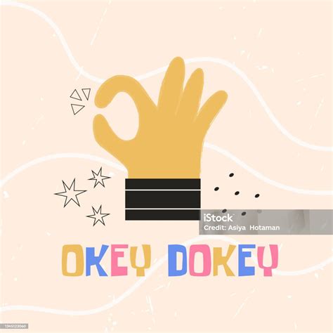 오키 도키 텍스트와 함께 확인 손 서명 제스처 스티커 티셔츠 프린트 포스터를 위한 다채로운 벡터 플랫 일러스트레이션 오케이에
