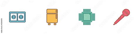 Set Electrical Outlet Refrigerator Processor With Microcircuits CPU And Microphone Icon