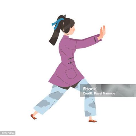 기모노에서 여자와 태극권 연습 내부 중국 무술 벡터 일러스트레이션으로 치공 운동을하는 기공 이완 운동에 대한 스톡 벡터 아트 및