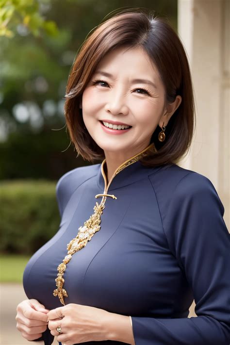 60歳女性、顔のしわ、美人、笑う、（アオザイ 1 1） 大きな胸 Seaart Ai