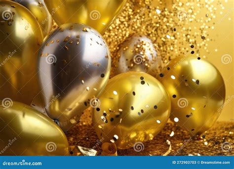 Celebration Party Banner With Golden Balloons And Serpentine Generative