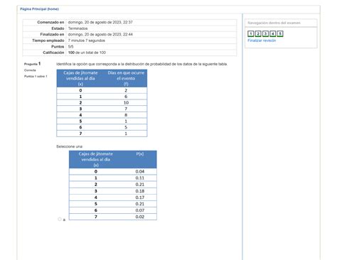 Cuestionario Distribución discreta de probabilidad Página Principal
