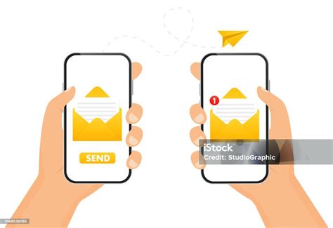 스마트폰을 들고 있는 손 모바일 통신의 개념 플랫 메일 보내기 웹 배너 웹 사이트를위한 현대적인 간단한 평면 디자인 한 전화기에서 다른 전화기로 편지 보내기 벡터 그림 뉴스