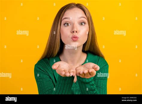 Photo Of Cute Adorable Coquettish Girl Pouted Lips Arms Palms Send Air