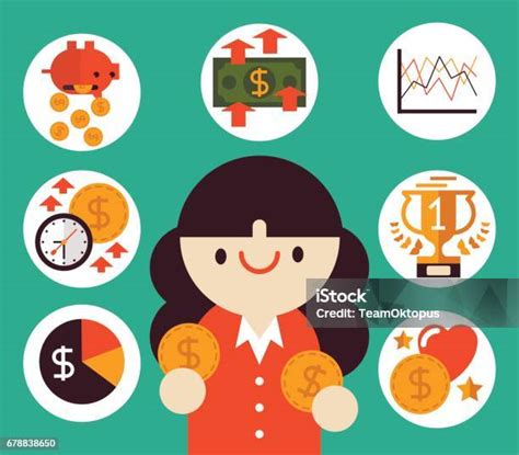 사업가 웃 고 2을 들고 동전 기능 그녀의 손 그녀 금융 아이콘으로 둘러싸여 있는 동안 1에 대한 스톡 벡터 아트 및 기타 이미지 1 경영자 경제 Istock