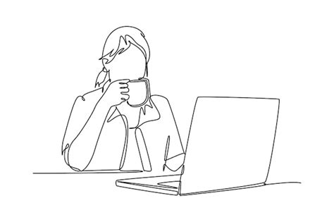 Premium Vector Single Continuous Line Drawing Of Woman Drinking Coffee While Working From Home