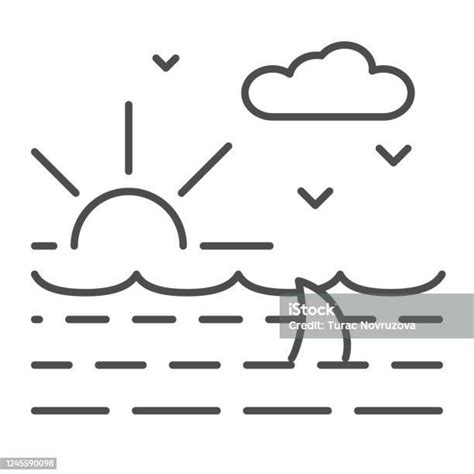 海浪以鯊魚細線圖標航海概念海洋景觀與太陽雲和海鷗標誌的白色背景魚翅在海浪圖示的輪廓風格移動向量圖形向量圖形及更多互聯網圖片 Istock