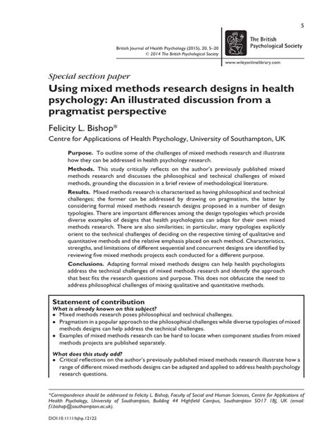 British J Health Psychol 2014 Bishop Using Mixed Methods Research Designs In Health
