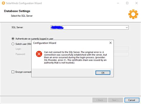Configuration Wizard Database Setup Error Certificate Chain Was