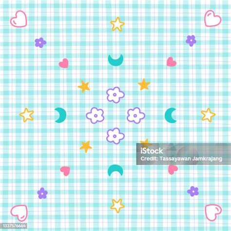 개요 색종이 귀여운 장식품 요소 하트 꽃 문 무지개 파스텔 깅엄 패턴 배경 편집 스트로크 만화 벡터 일러스트 천 매트 직물 패턴 직물 직물 스카프 포장 0명에 대한 스톡