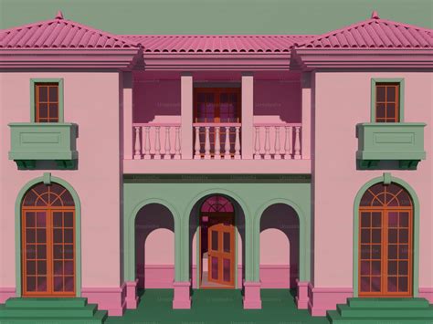 발코니가 있는 분홍색과 초록색 주택입니다 사진 Unsplash의 건축학 이미지