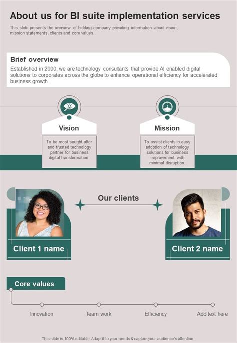 About Us For Bi Suite Implementation One Pager Sample Example Document