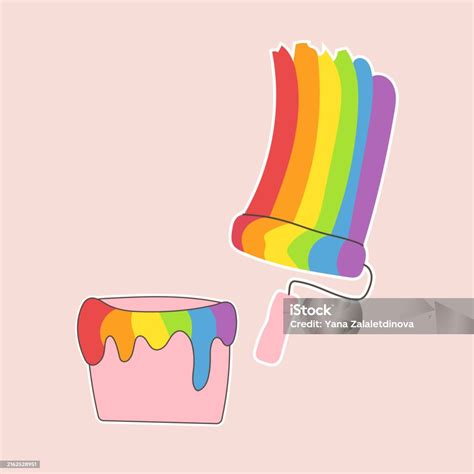 페인트와 롤러의 깡통 Lgbtq 스티커 자부심 기호 무지개 깃발 색깔 요소 성별 기호가 있는 벡터 기호 귀여운 프라이드 스티커 게이 퍼레이드 그루비 축하 벽지 분홍색 배경에