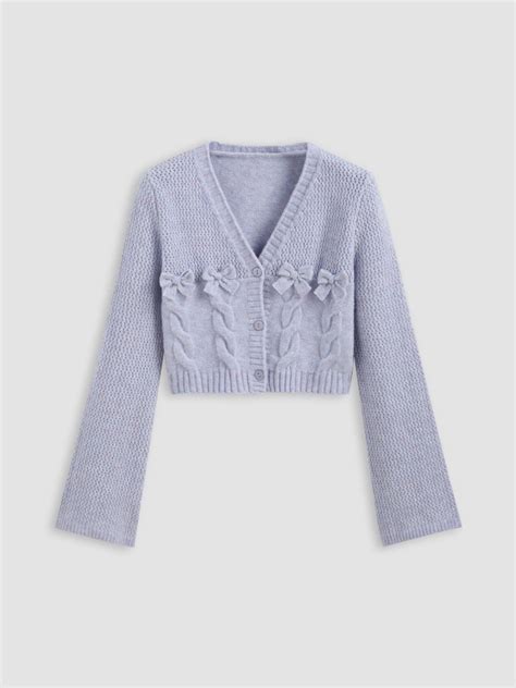Knit Fabric Wool Blend V Neck Bowknot Button Cardigan For School Daily