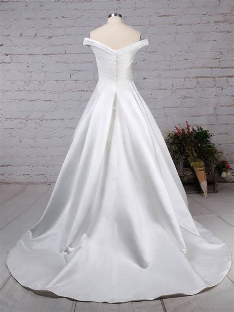 Off The Shoulder Satin Ball Gown Wedding Dress With Pockets And Sweep
