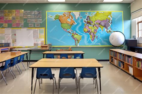 Interior De Uma Sala De Aula Escolar Com Um Mapa Na Parede Sala De Aula