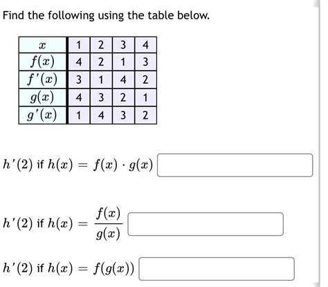 solved find the following using the table below h 2 if h x f x · g