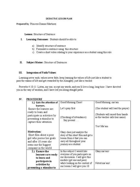 Deductive Lesson Plan Pdf Sentence Linguistics Communication