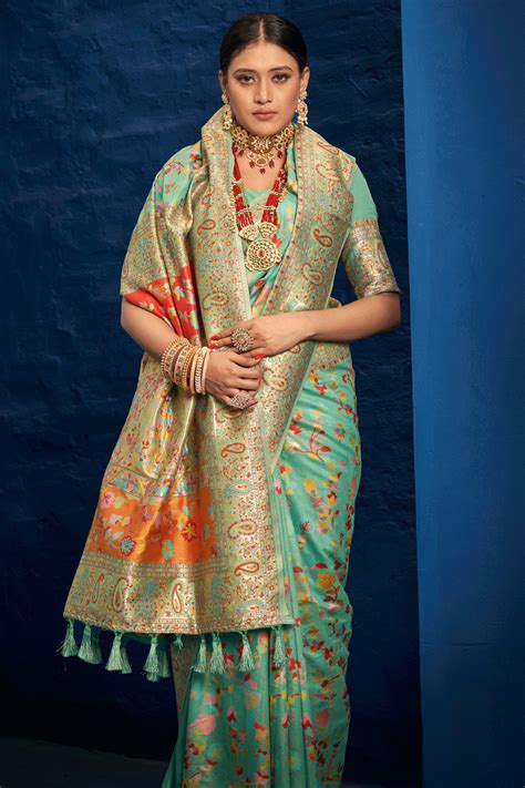 Mint Green Pashmina Kashmiri Silk Saree Shangrila Designer