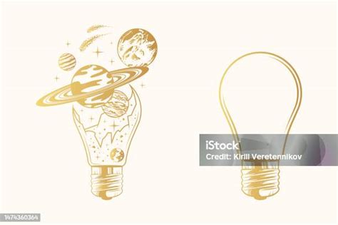 惑星月星電球を持つ黄金色の空間構成印刷グリーティングカードポスター用に白で分離された2つの手描きのベクターイラスト 壊れたのベクターアート