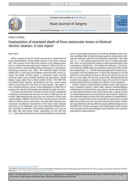 Pdf Implantation Of Extended Depth Of Focus Intraocular Lenses In Bilateral Electric Cataract