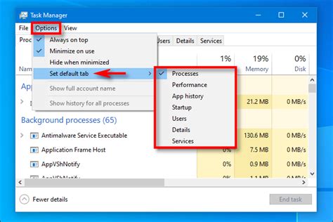 how to make windows task manager always open a specific tab