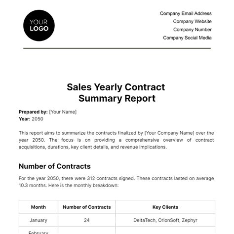 Free Sales Yearly Contract Summary Report Template To Edit Online
