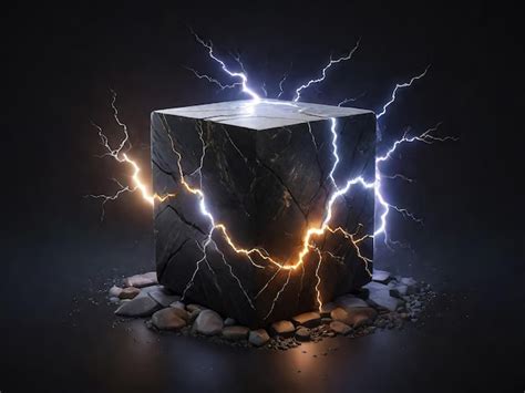Premium Photo Stone Cube With Neon Lightning Dark Background Ai