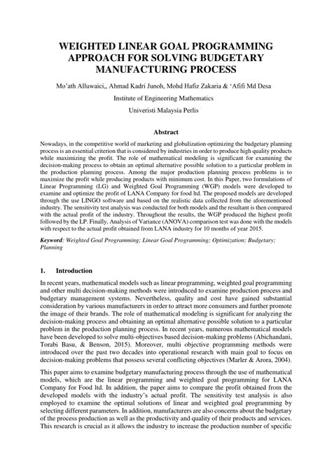 Pdf Weighted Linear Goal Programming Approach For Solving Budgetary