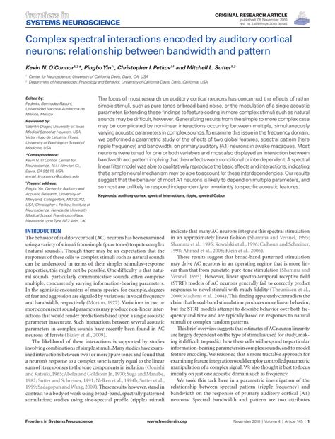 Pdf Complex Spectral Interactions Encoded By Auditory Cortical