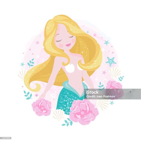 분홍색 꽃과 포탄과 잎 아름 다운 인 어 T 셔츠와 직물 또는 아이 패션 작품 어린이 책에 대 한 그림 패션 그림은 현대적인 스타일로 그림 귀여운 인 어 소녀 인쇄 귀여운에