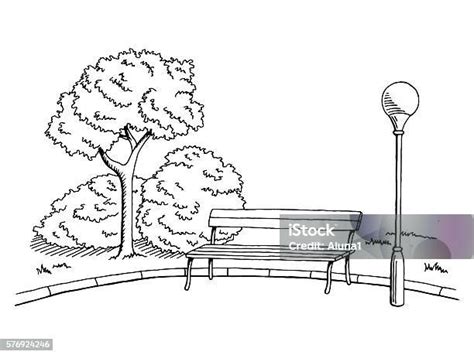 공원 그래픽 블랙 화이트 벤치 램프 풍경 스케치 일러스트 벡터 그리기에 대한 스톡 벡터 아트 및 기타 이미지 그리기 공원 벤치 Istock