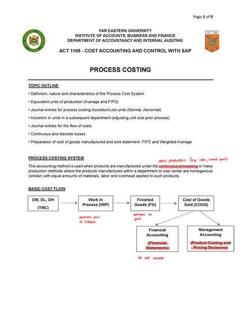 Process Costing NOTES FAR EASTERN UNIVERSITY INSTITUTE OF ACCOUNTS BUSINESS AND FINANCE