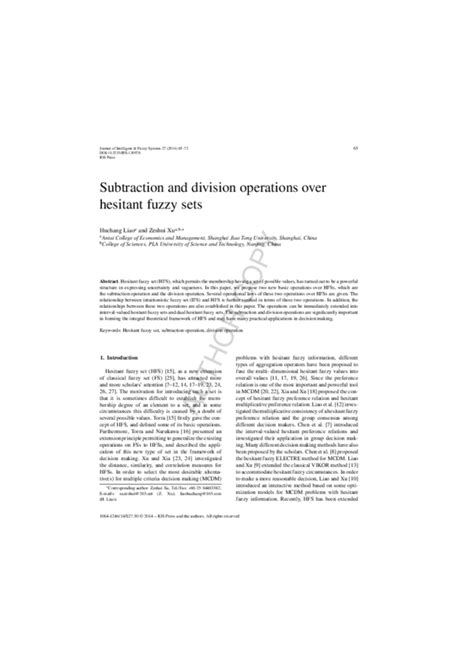 pdf subtraction and division operations over hesitant fuzzy sets