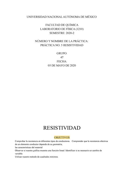 PRÁ Ctica DE Resistividad UNIVERSIDAD NACIONAL AUTÓNOMA DE MÉXICO