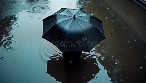 Rainy Day Scene Shows Person Under Black Umbrella Water Puddles