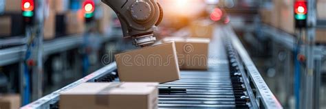 Robot Arm Working On Conveyor Belt With Cartboard Box Parcels In