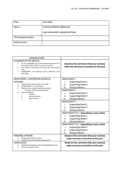 Evaluative Commentary Outline Elc 231 Evaluative Commentary Outline I Class Jac1103a Name