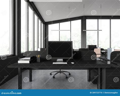 интерьер офисной комнаты с рабочим столом и панорамным окном экрана Pc