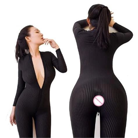오픈 가랑이 블랙 스트라이프 깎아 지른 Bodystocking 바디 수트 에로틱 란제리 섹시한 더블 지퍼 긴 소매 점프 슈트