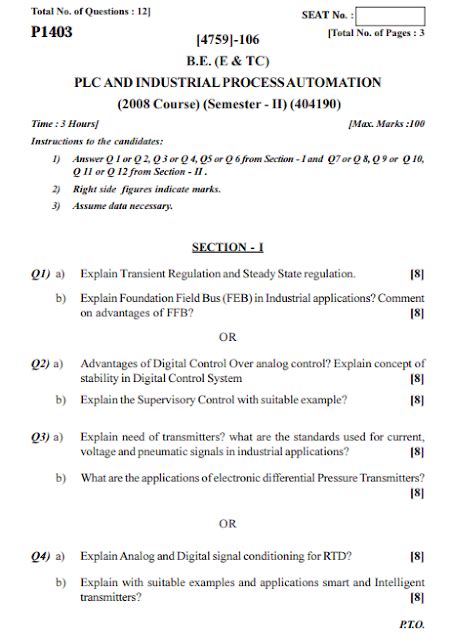 PLC And INDUSTRIAL PROCESS AUTOMATION Pune University April Question Paper University